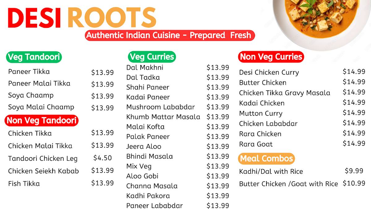Menu at Desi Roots restaurant, Newmarket