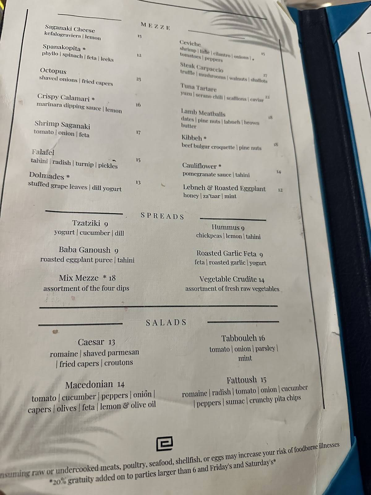 Menu at Dio Modern Mediterranean restaurant, Tampa