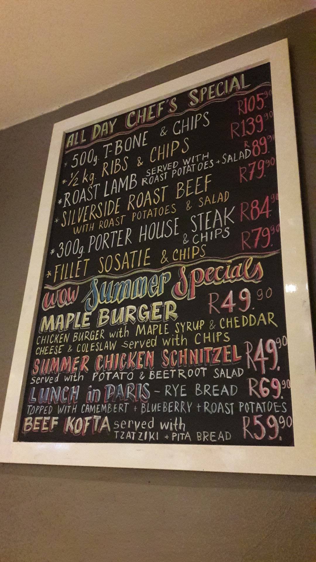 Menu at Dominiques Cafe, Johannesburg