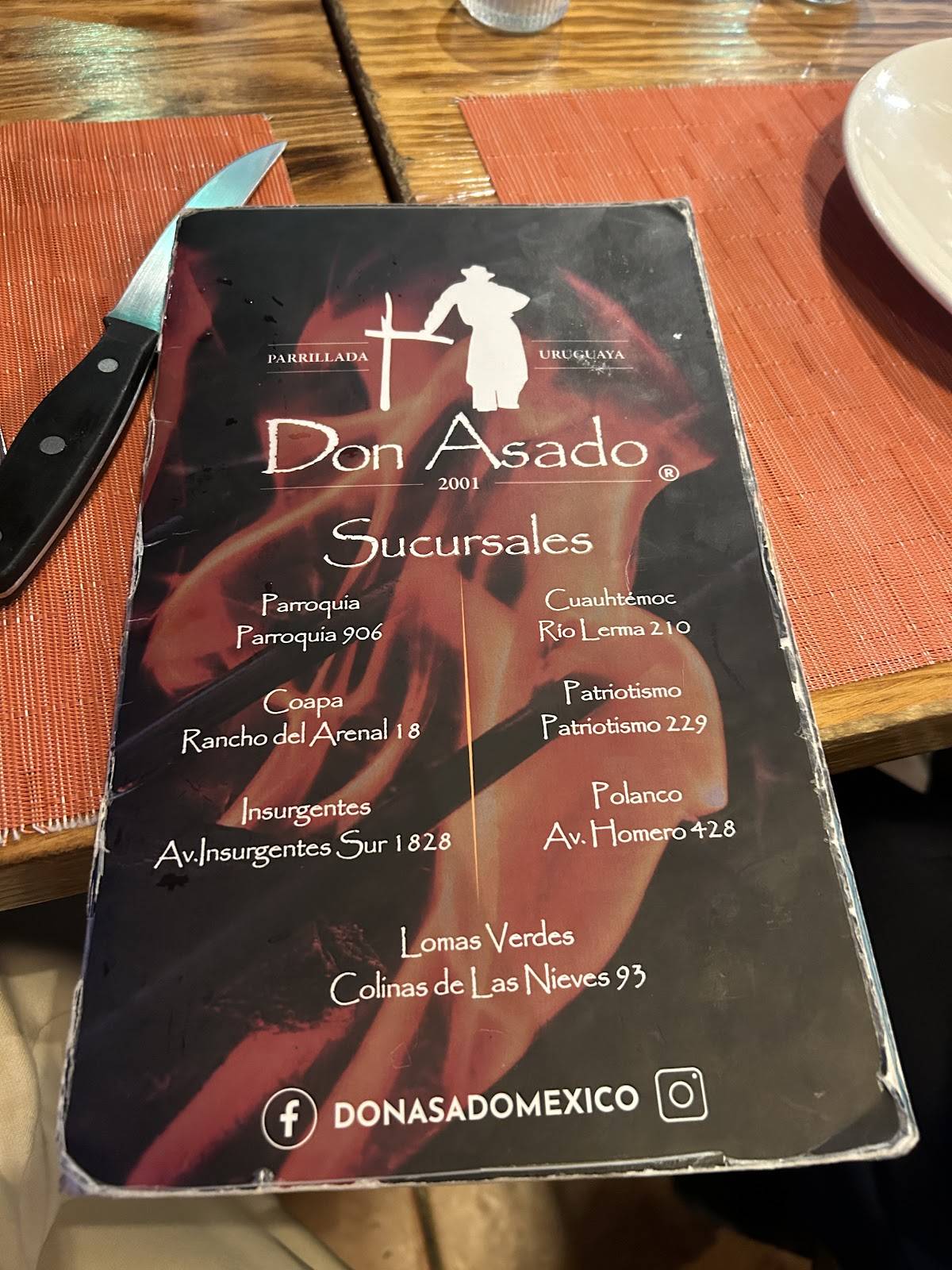Carta del restaurante Don Asado Polanco, Ciudad del México, Av. Homero 428