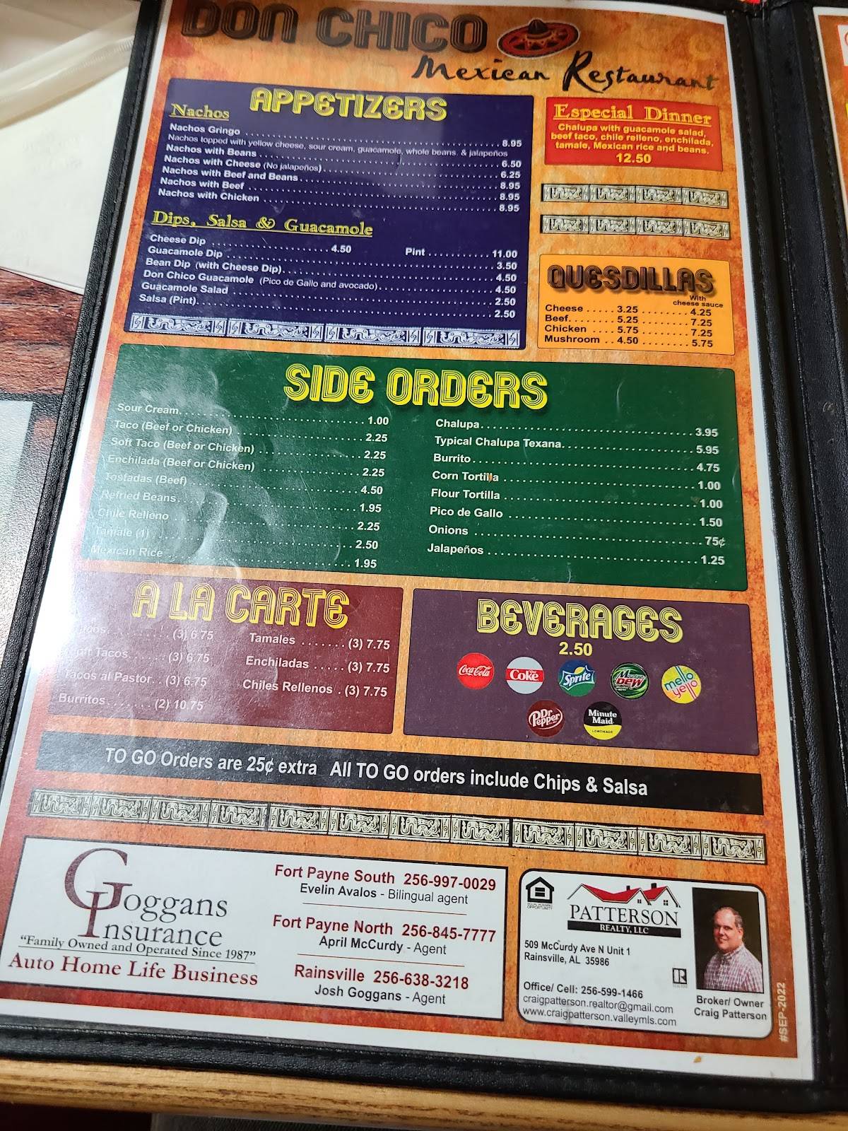 Menu at Don Chico Mexican Restaurant, Fort Payne