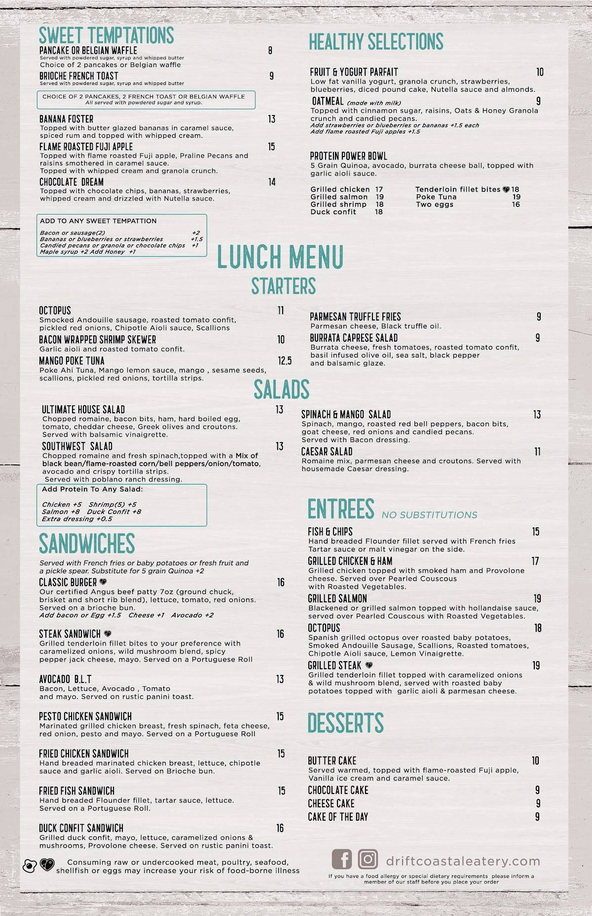 Menu at Drift restaurant, Myrtle Beach