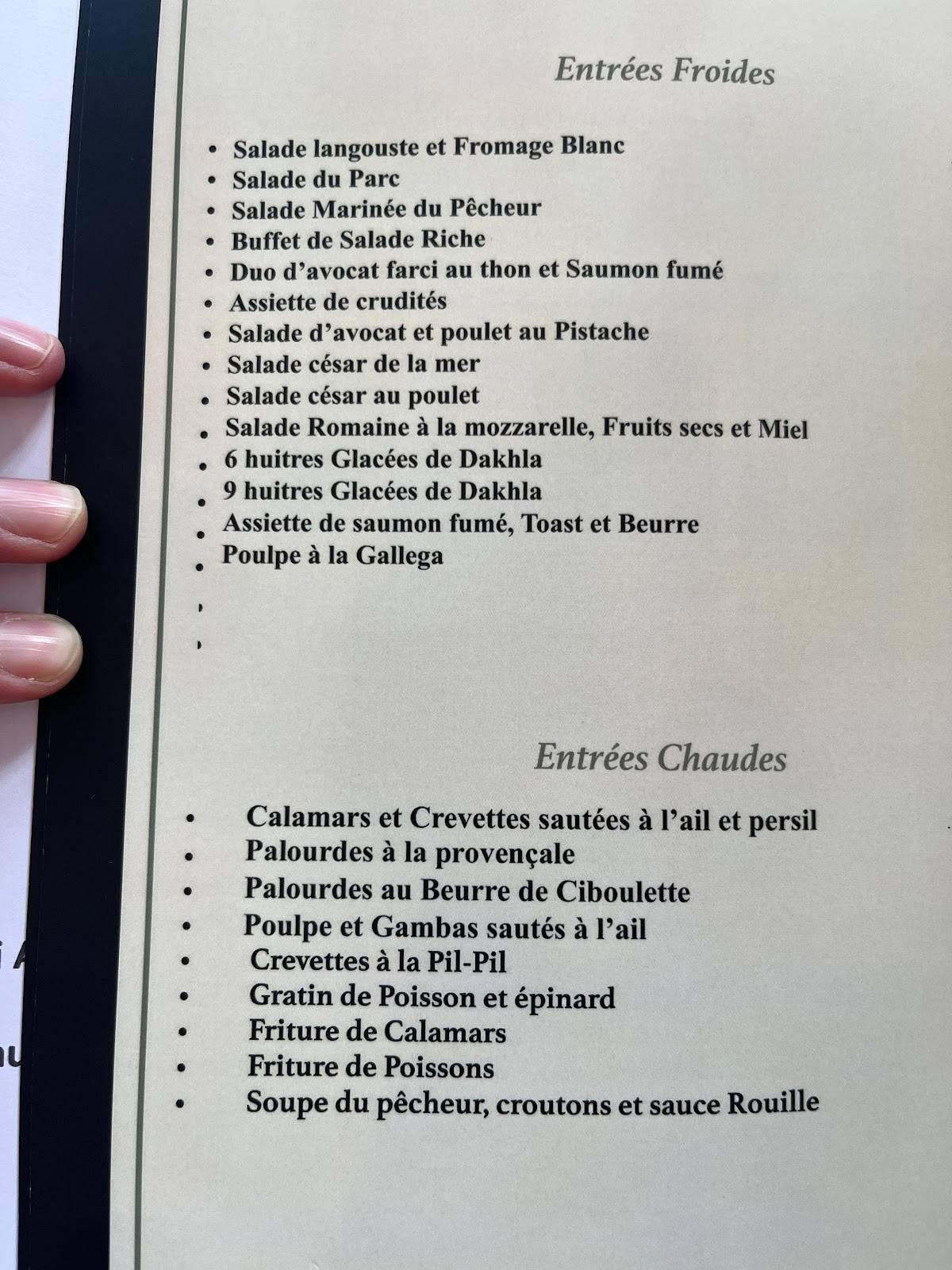 Menu au Bistrot du Parc restaurant, Mohammedia