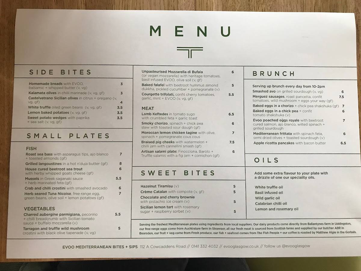 Menu at EVOO Restaurant, Glasgow