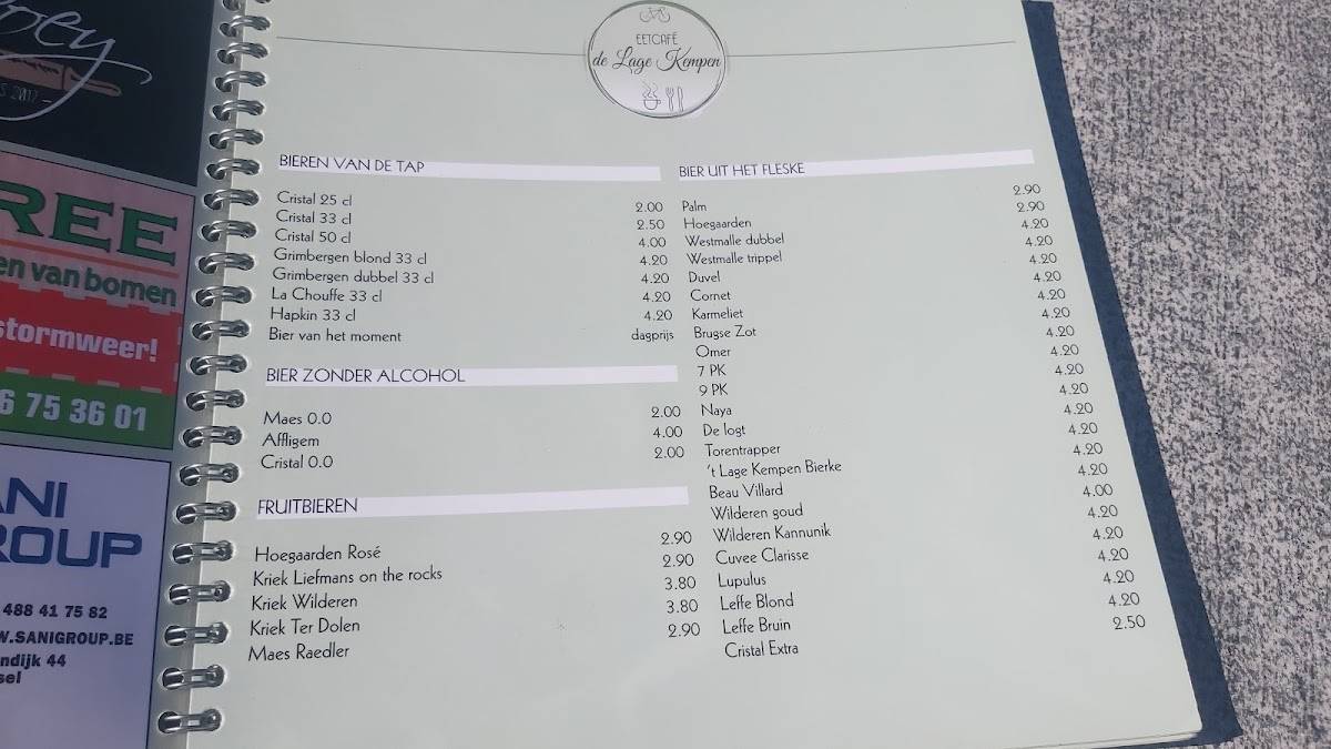Menu au Eetcafé de Lage Kempen, Hechtel-Eksel