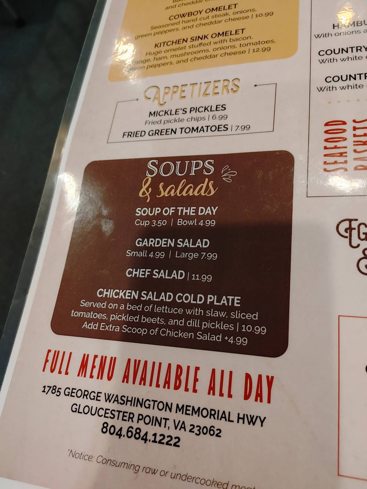 Menu at Eggheads Diner restaurant, Gloucester Point