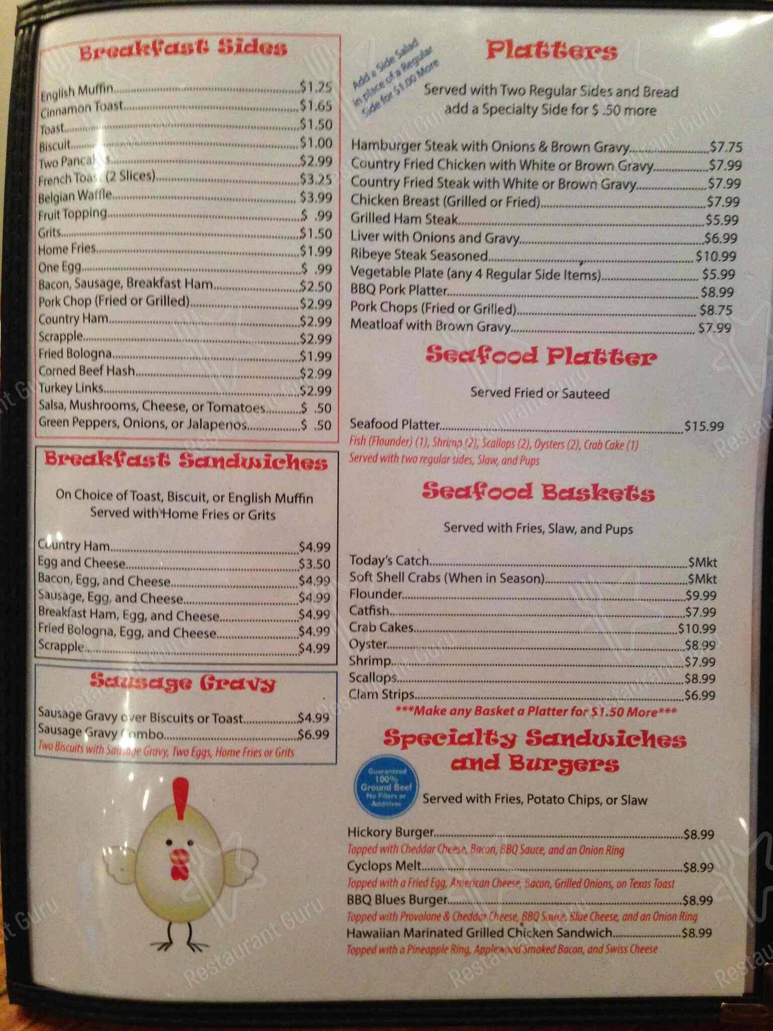 Menu at Eggheads Diner restaurant, Gloucester Point