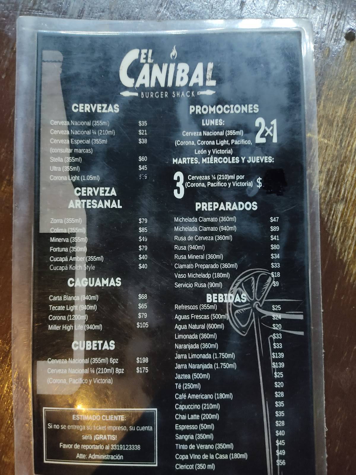 Carta del restaurante El Canibal Burger Shack, Guadalajara, Av del Las ...