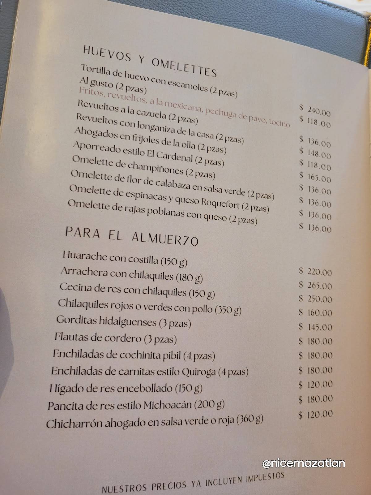 Carta del restaurante El Cardenal del San Ángel, Ciudad del México, Av ...