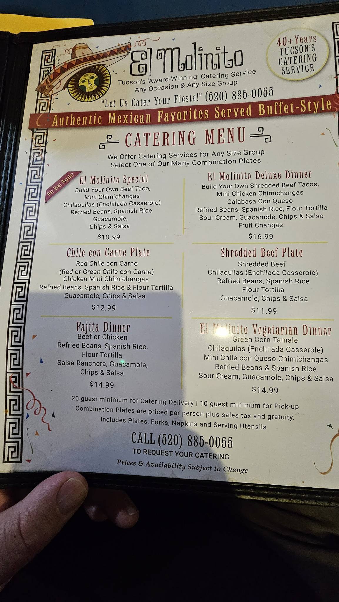 Menu at El Molinito restaurant, Tucson, 3675 W Ina Rd