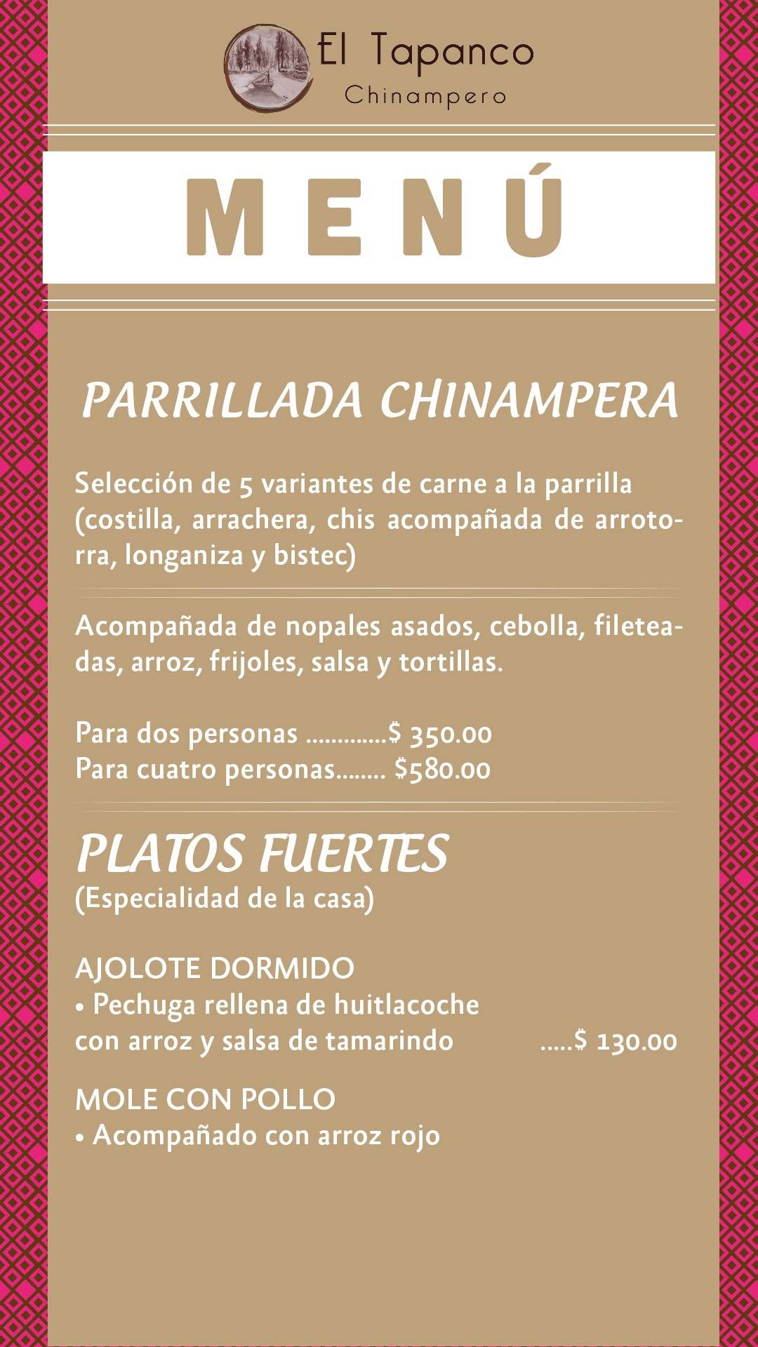 Carta del restaurante El Tapanco Chinampero, Ciudad del México