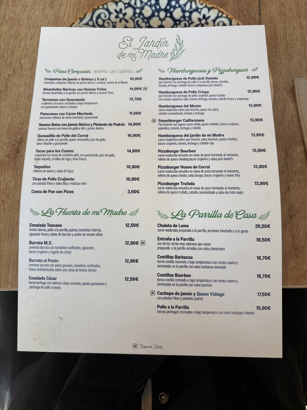 Carta del restaurante El Jardín del Mi Madre, Madrid