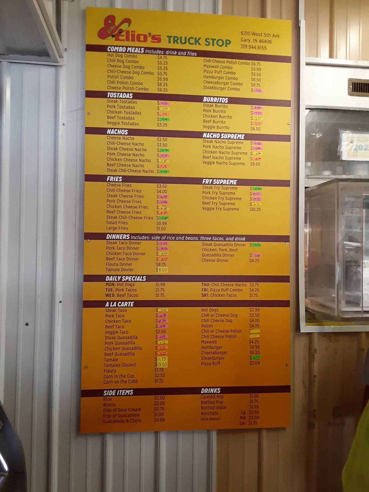 Menu at Elio's Hot Dogs & Mexican Food restaurant, Gary