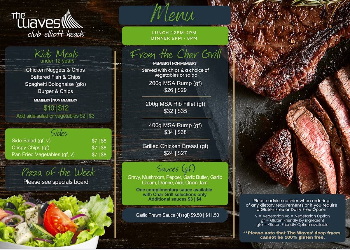 Menu at The Waves Club Elliott Heads, Elliott Heads