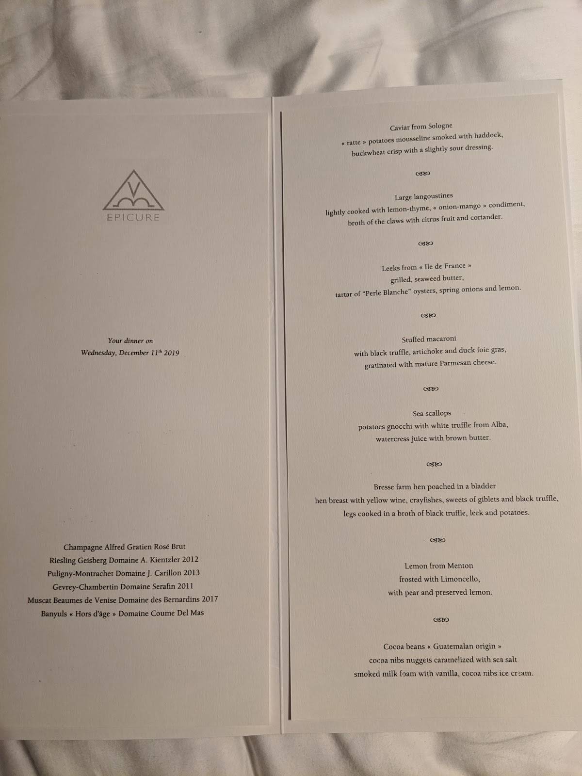 Menu at Epicure restaurant, Paris, 112 Rue du Faubourg Saint-Honoré