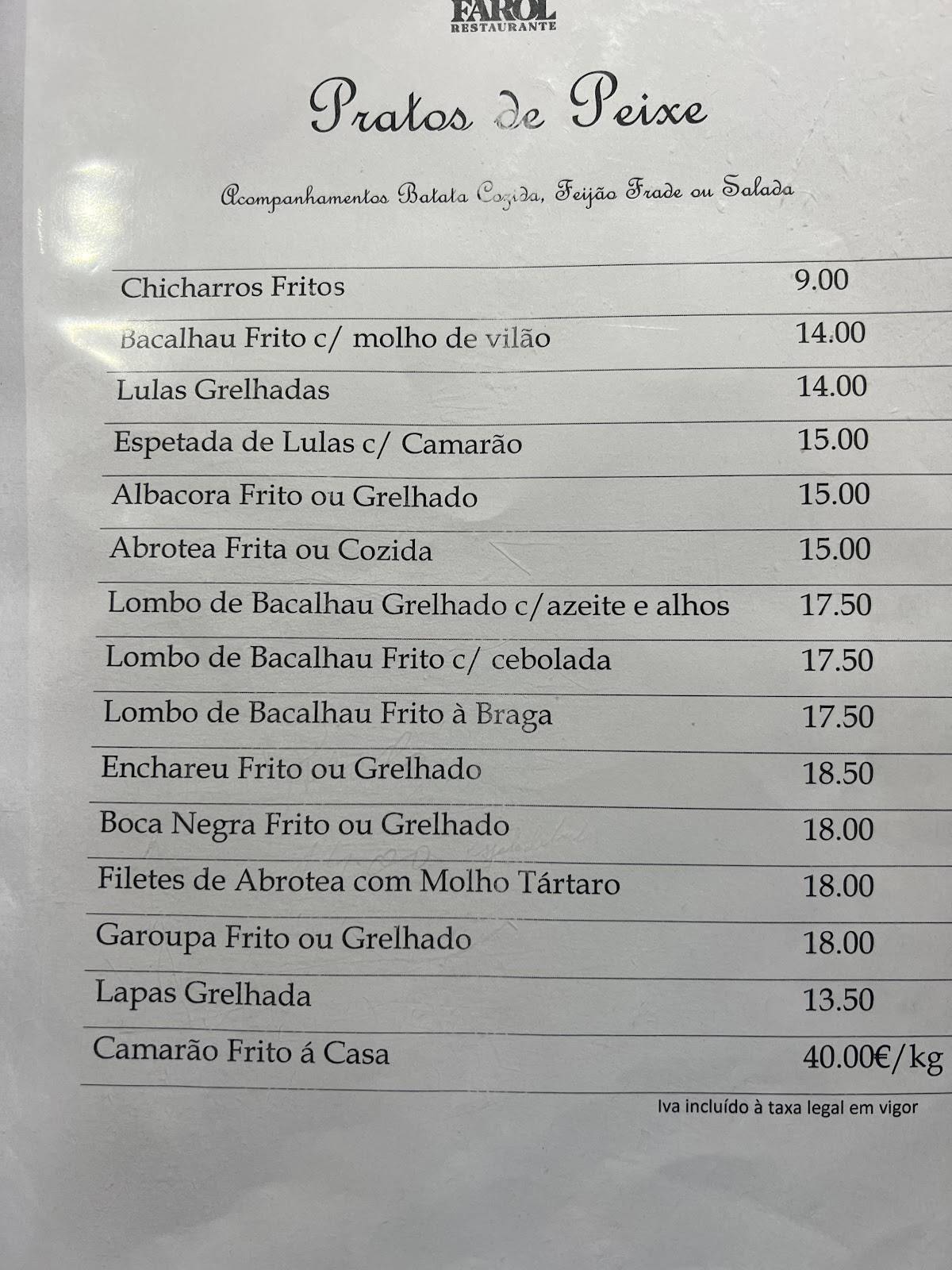 Menu em Restaurante Farol, Ponta Delgada, R. Padre Fernando Vieira Gomes 44