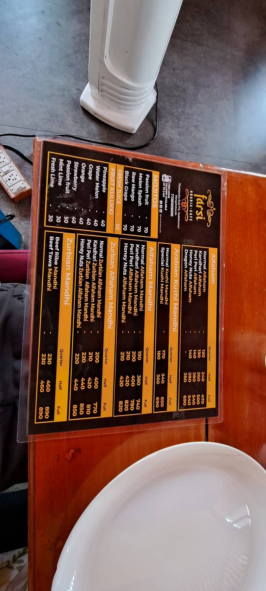 Menu at Farsi Arabic Cafe, Thodupuzha