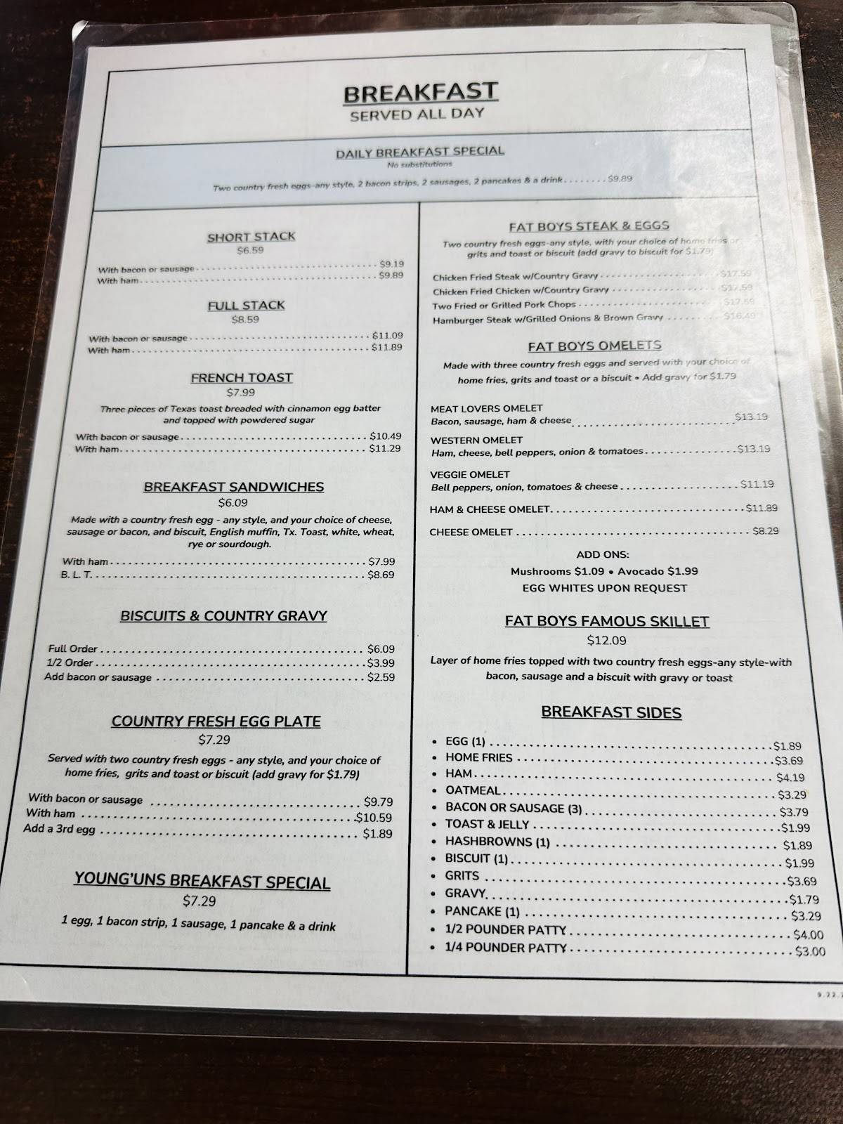 Menu at Fat Boy's Restaurant, New Caney