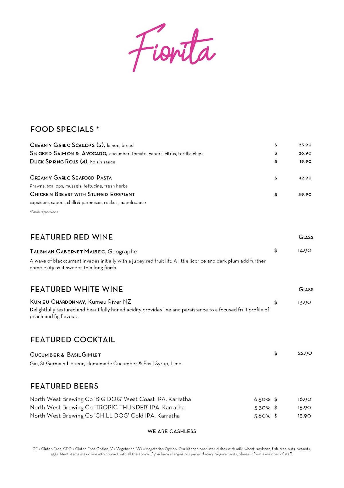 Menu at Fiorita Wine Bar & Restaurant, Karratha