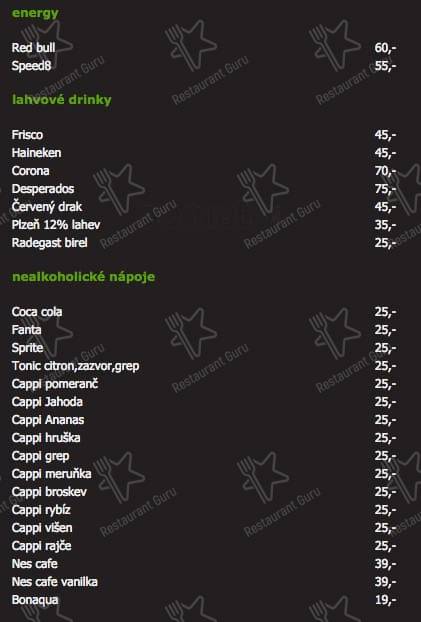 Menu at Fleda club, Brno, Štefánikova 95