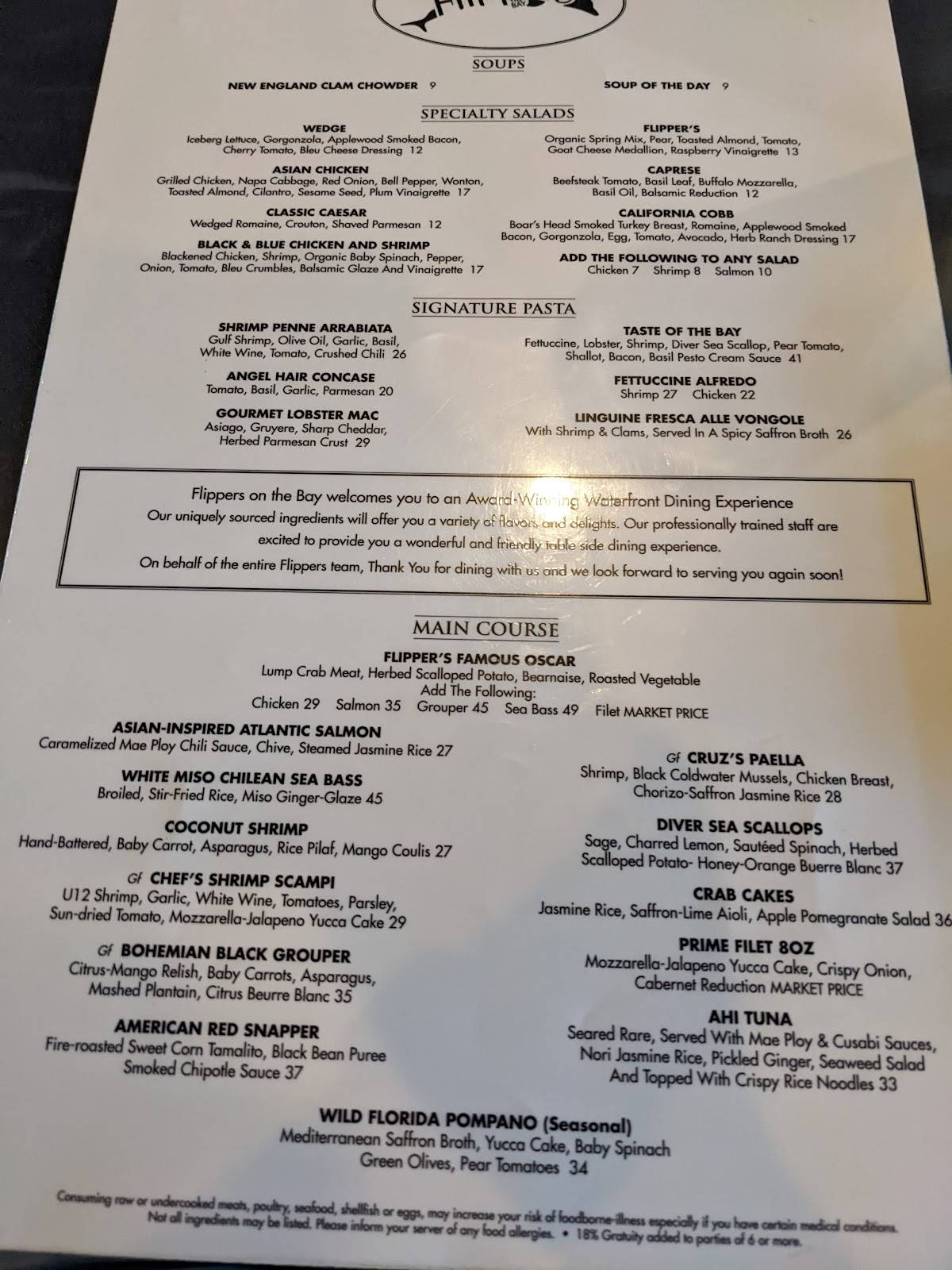 Menu at Flippers restaurant, Fort Myers Beach