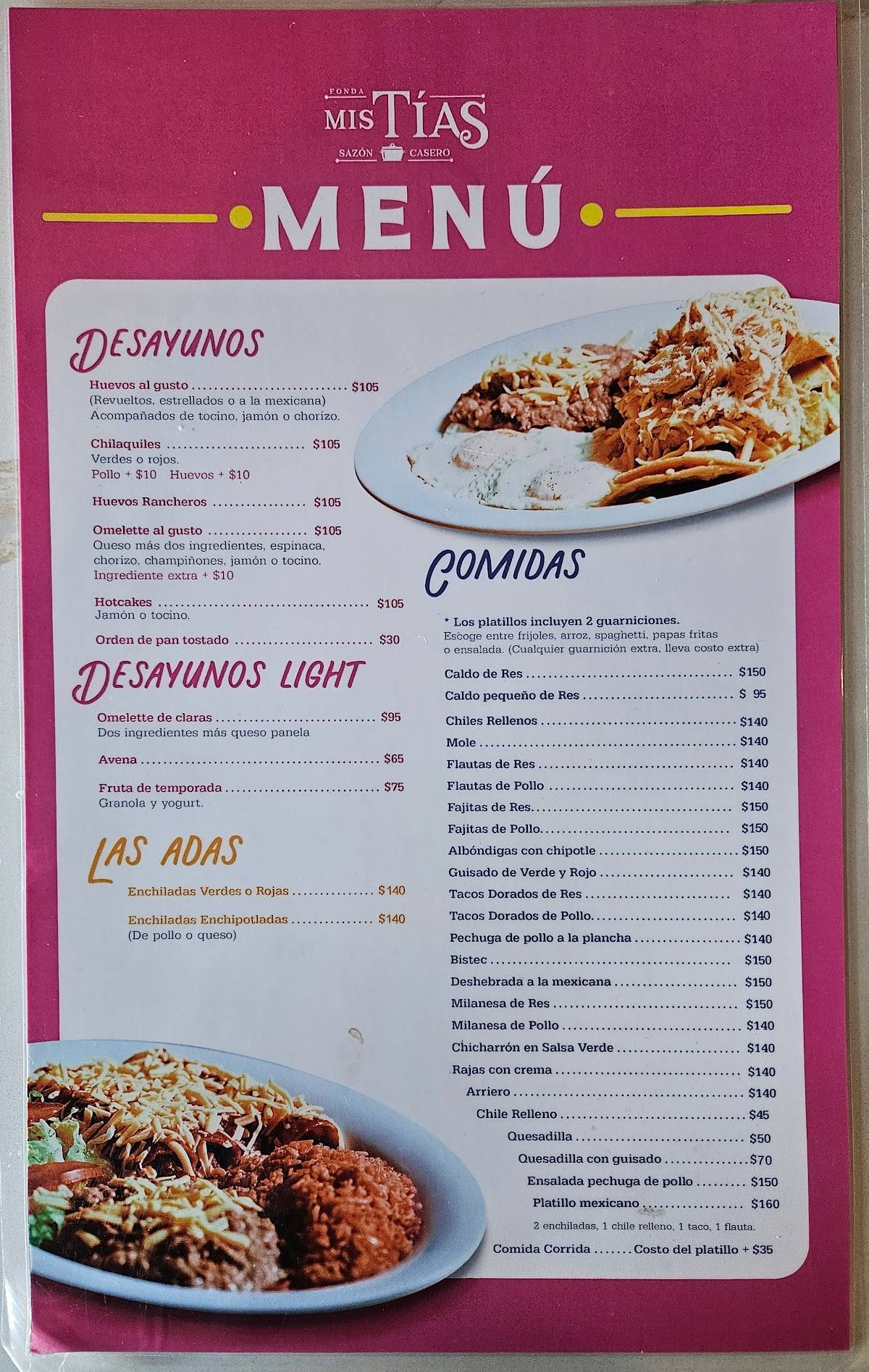 Carta del restaurante Fonda Mis Tías, Ciudad Juarez, De Las Aldabas