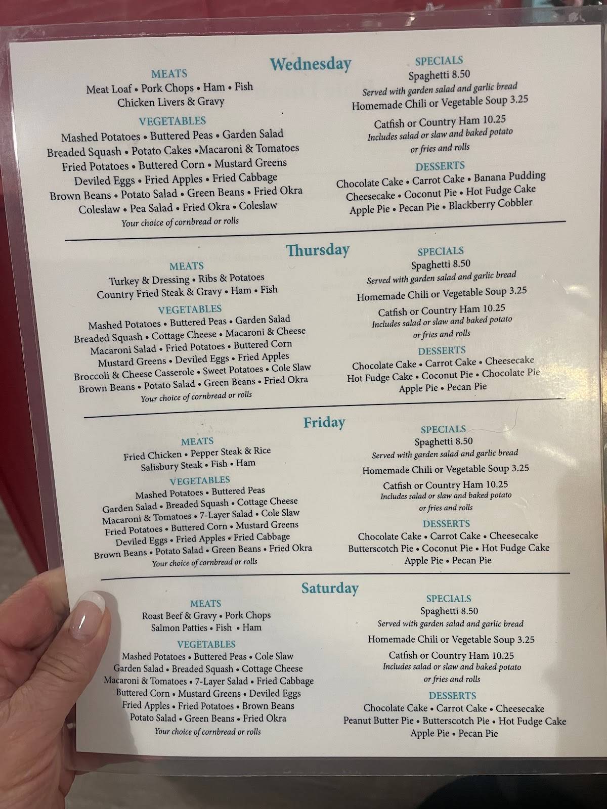 Menu at France's Diner restaurant, Hazard