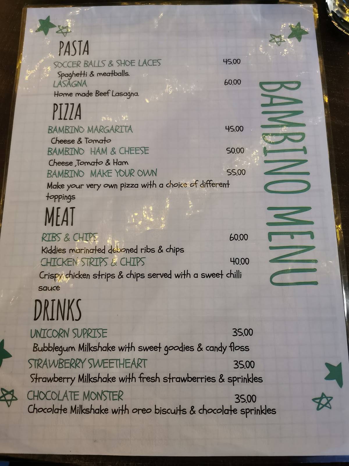 Menu at Franco’s restaurant, Vanderbijlpark, Frikkie Meyer Blvd