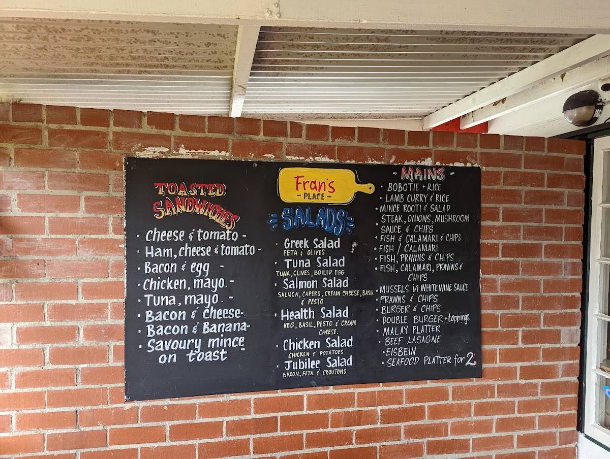 Menu at Fran's Place restaurant, Cape Town, 111 Jubilee St