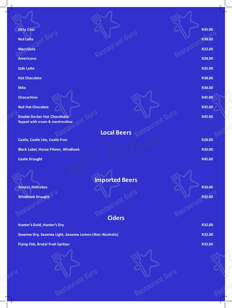 Menu at Fran's Place restaurant, Cape Town, 111 Jubilee St