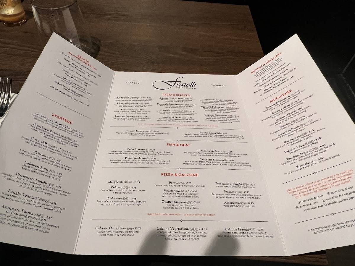 Menu at Fratelli Italian Restaurant, Woburn