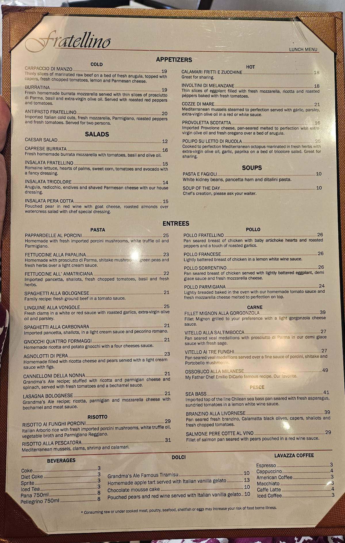 Menu at Fratellino Ristorante restaurant, Coral Gables