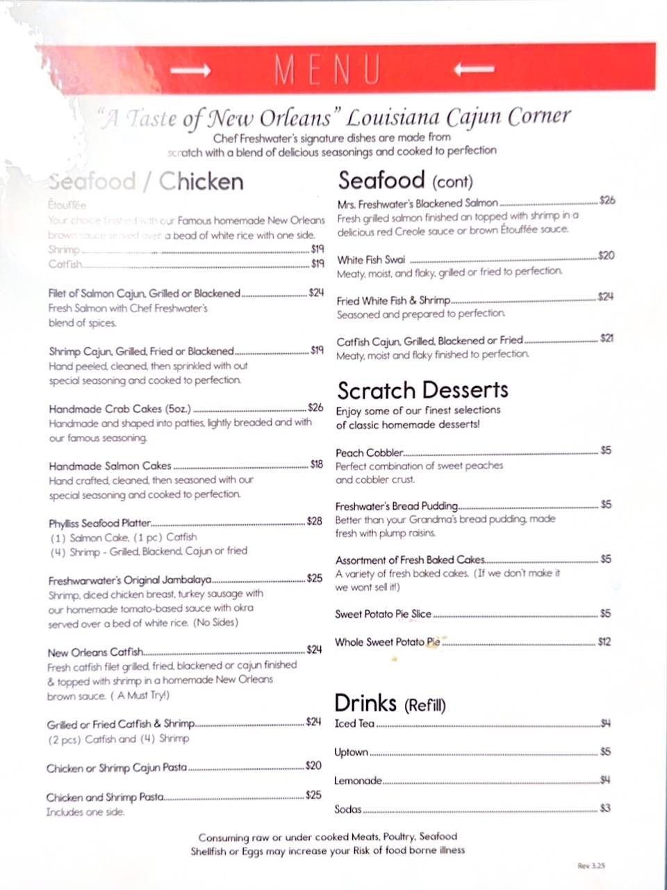 Menu at Freshwaters Southern New Orleans restaurant, Charlotte