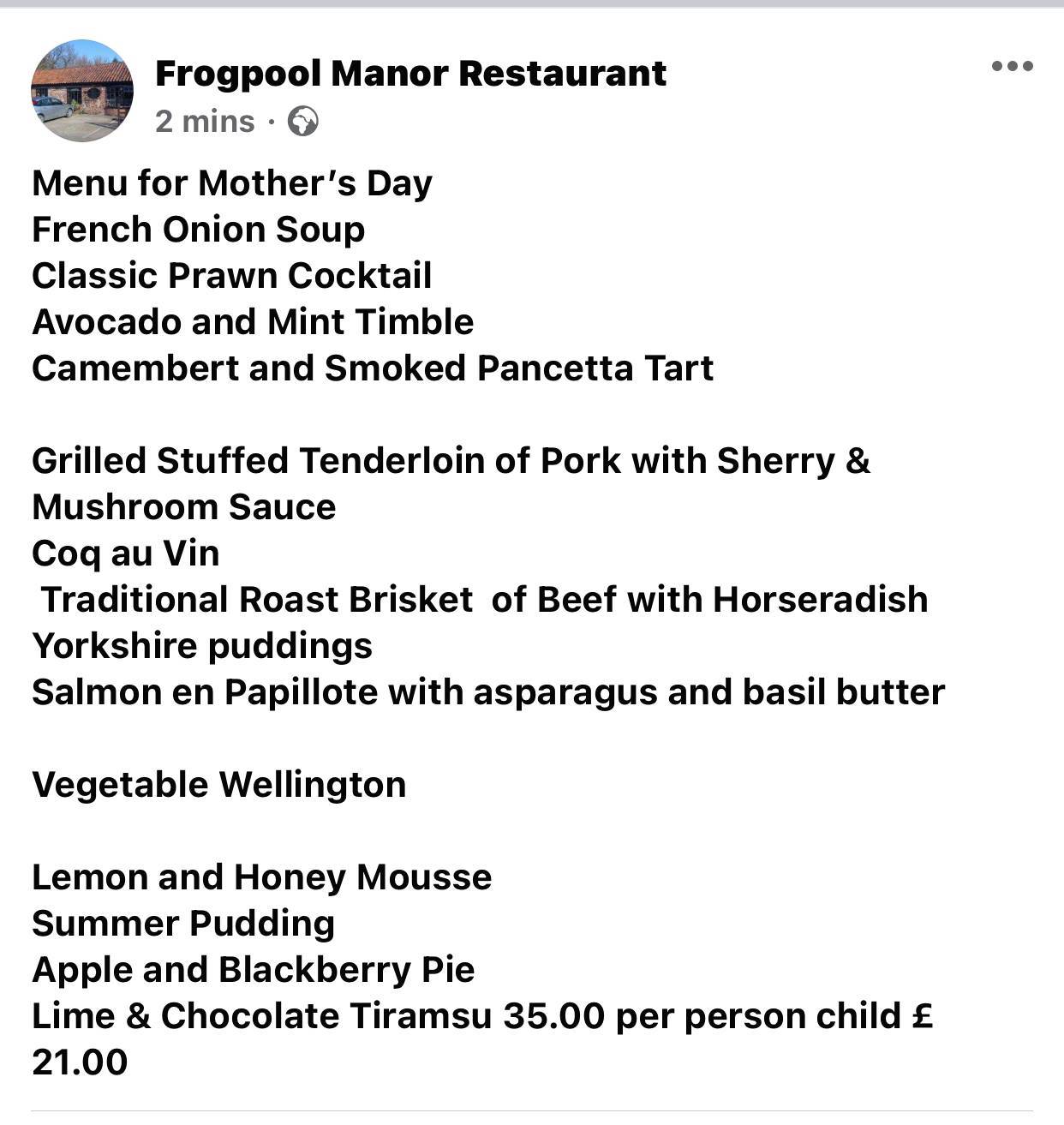 Menu at Frogpool Manor Restaurant, Chislehurst