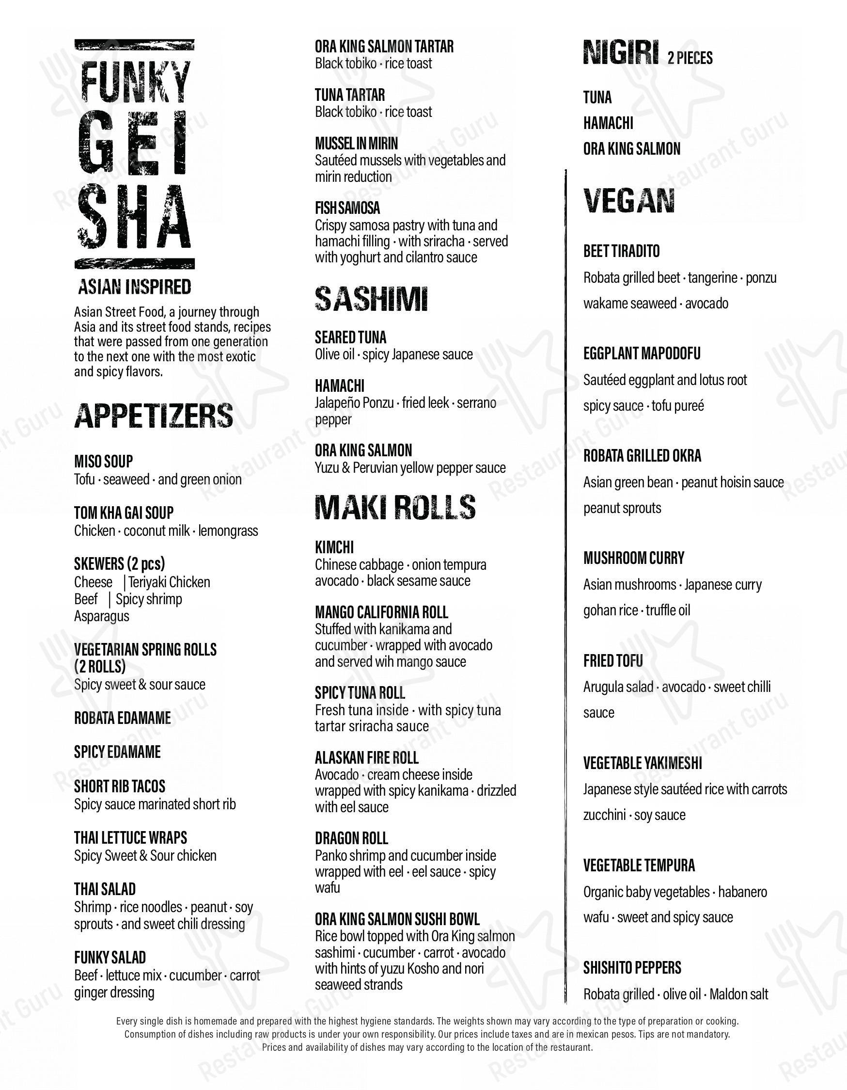 Carta de Funky Geisha Asian Restaurant in Cancun, Cancún