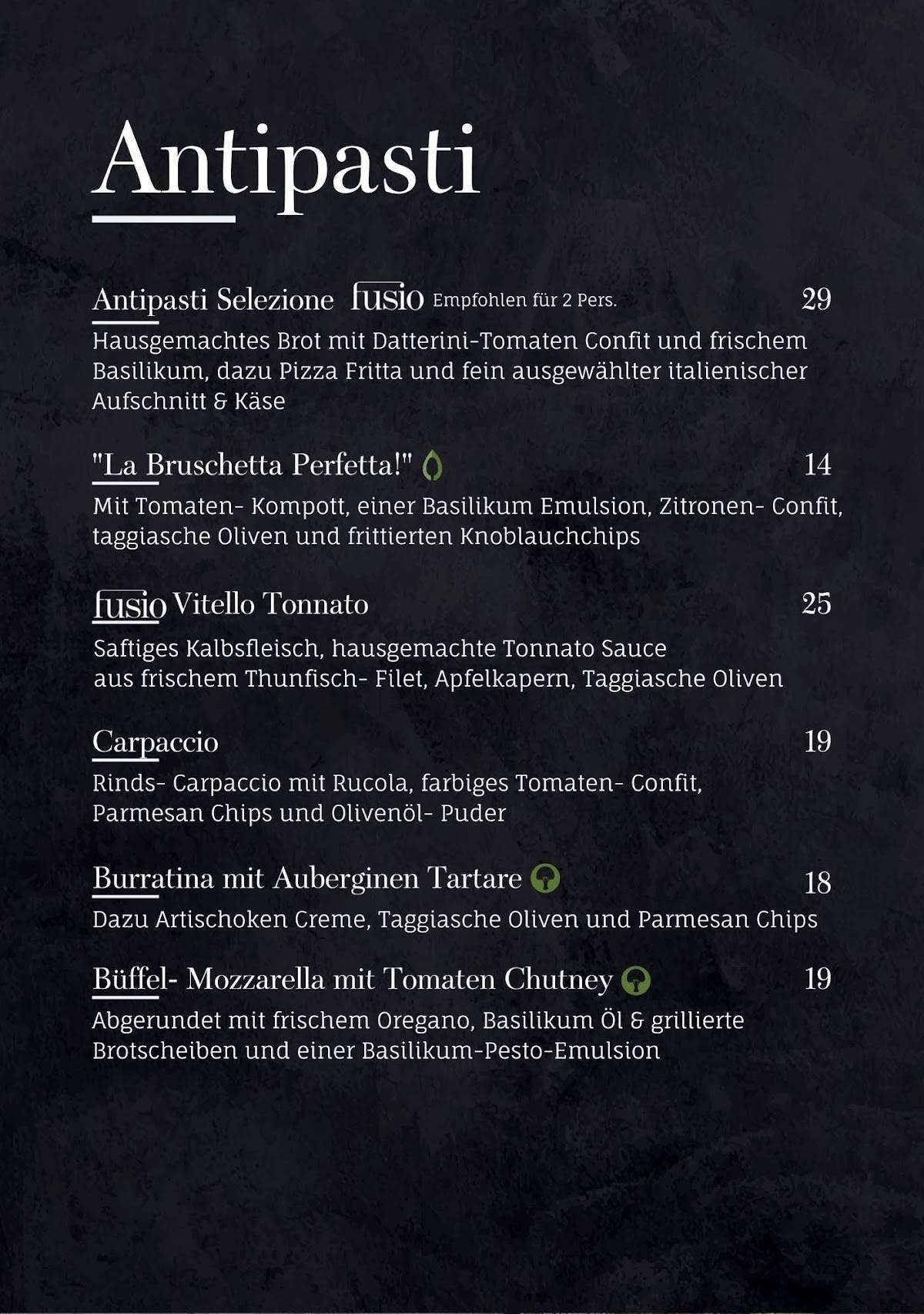 Speisekarte von Fusio, Zürich