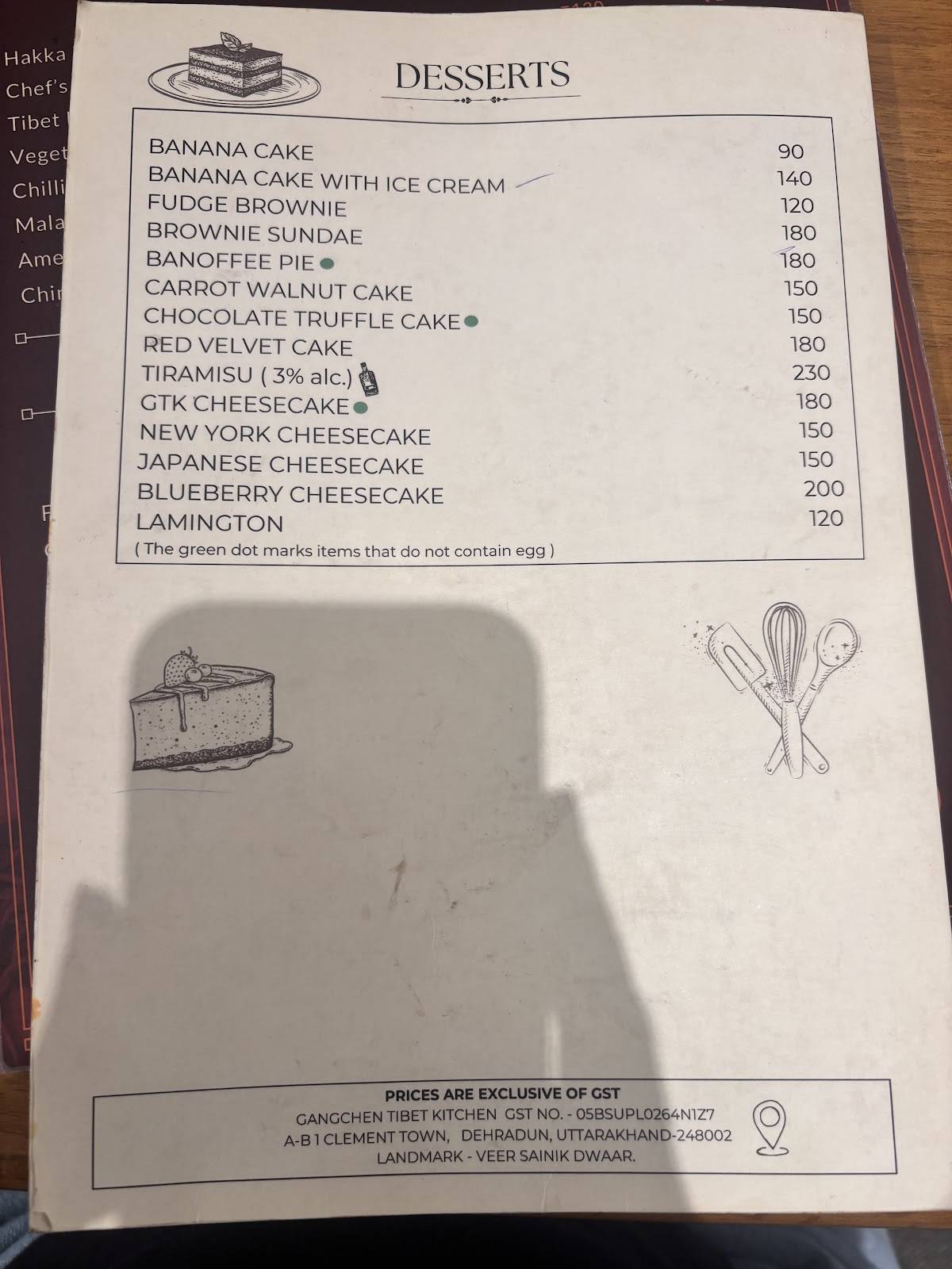 Menu at Gangchen Tibet Kitchen, Dehradun