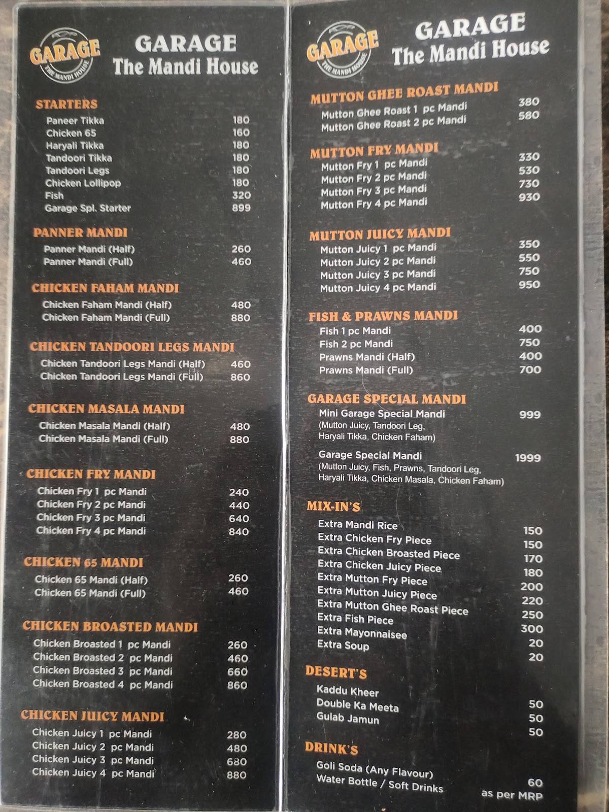 Menu at Garage the mandi house, Hyderabad