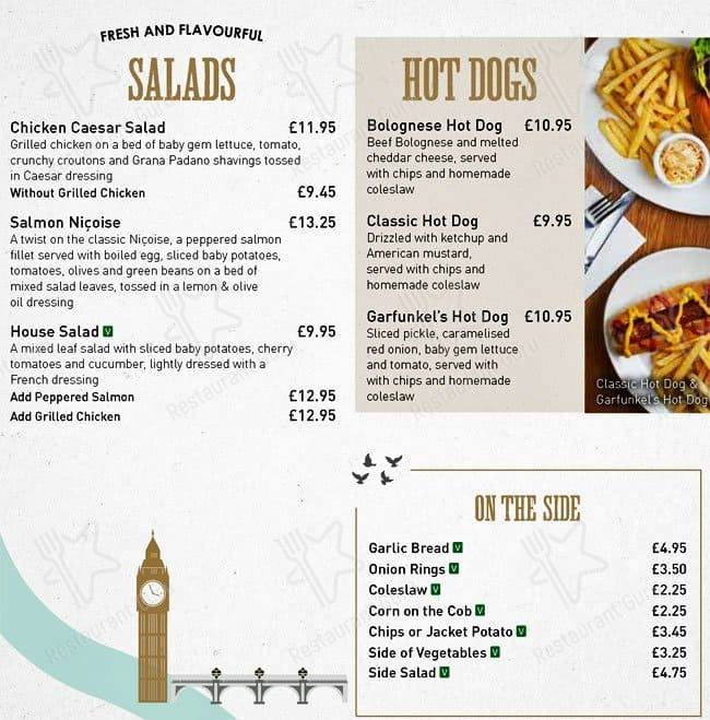 Menu at Garfunkel's restaurant, London, 267 Tottenham Ct Rd