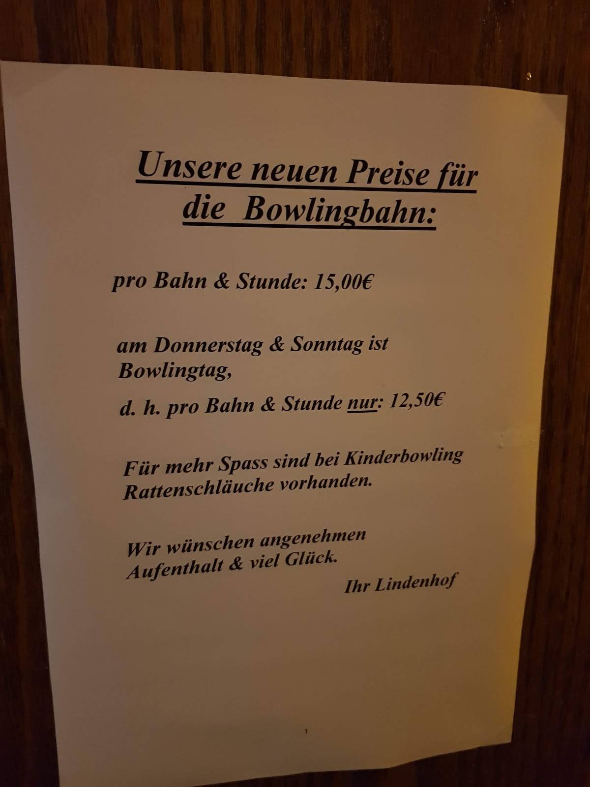 Speisekarte von Gaststätte "Lindenhof" Boxberg mit Bowlingbahn und ...