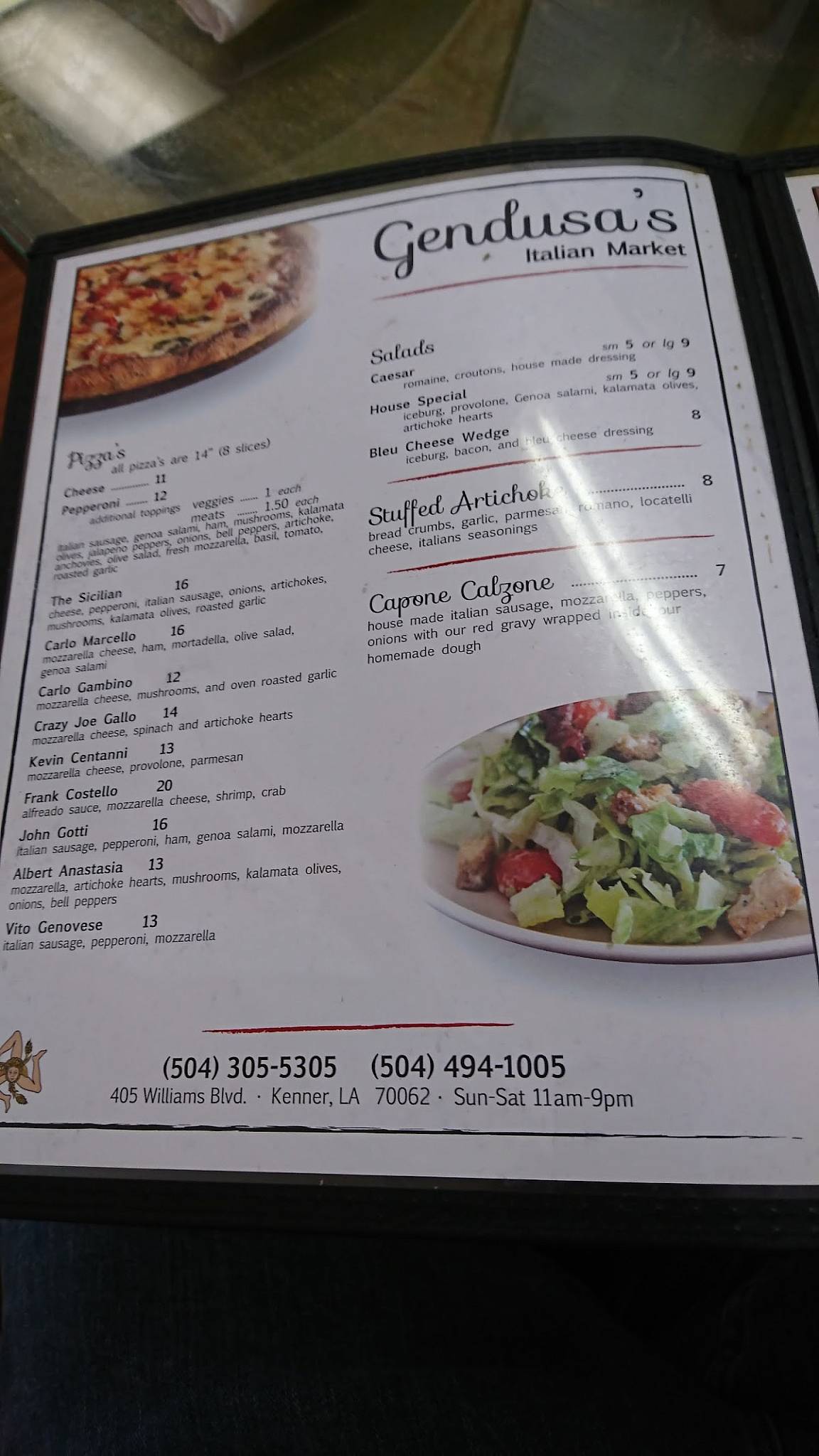 Menu at Gendusa's Italian Eatery pizzeria, Kenner