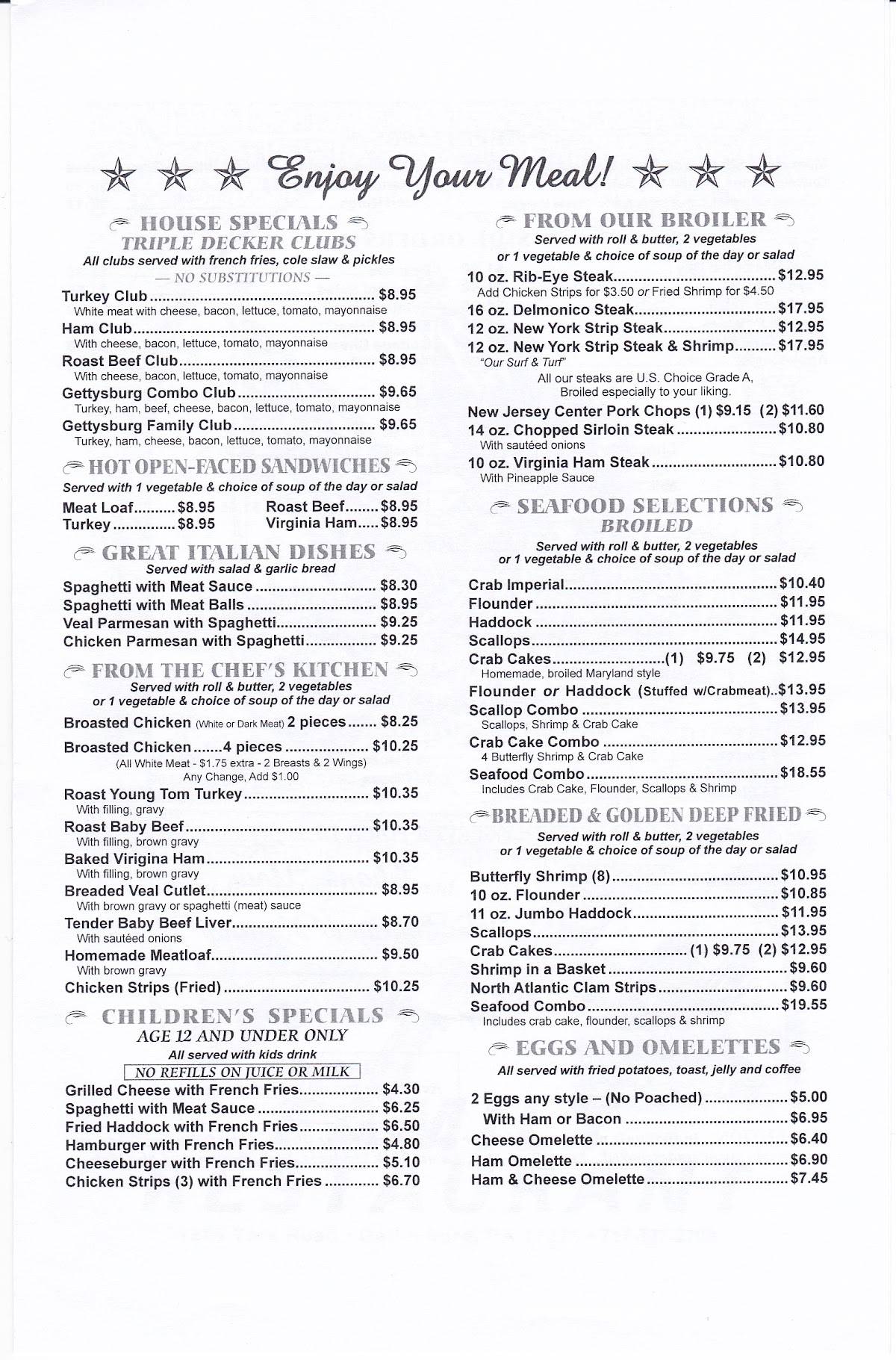 Menu at Gettysburg Family Restaurant, Gettysburg, York St #5