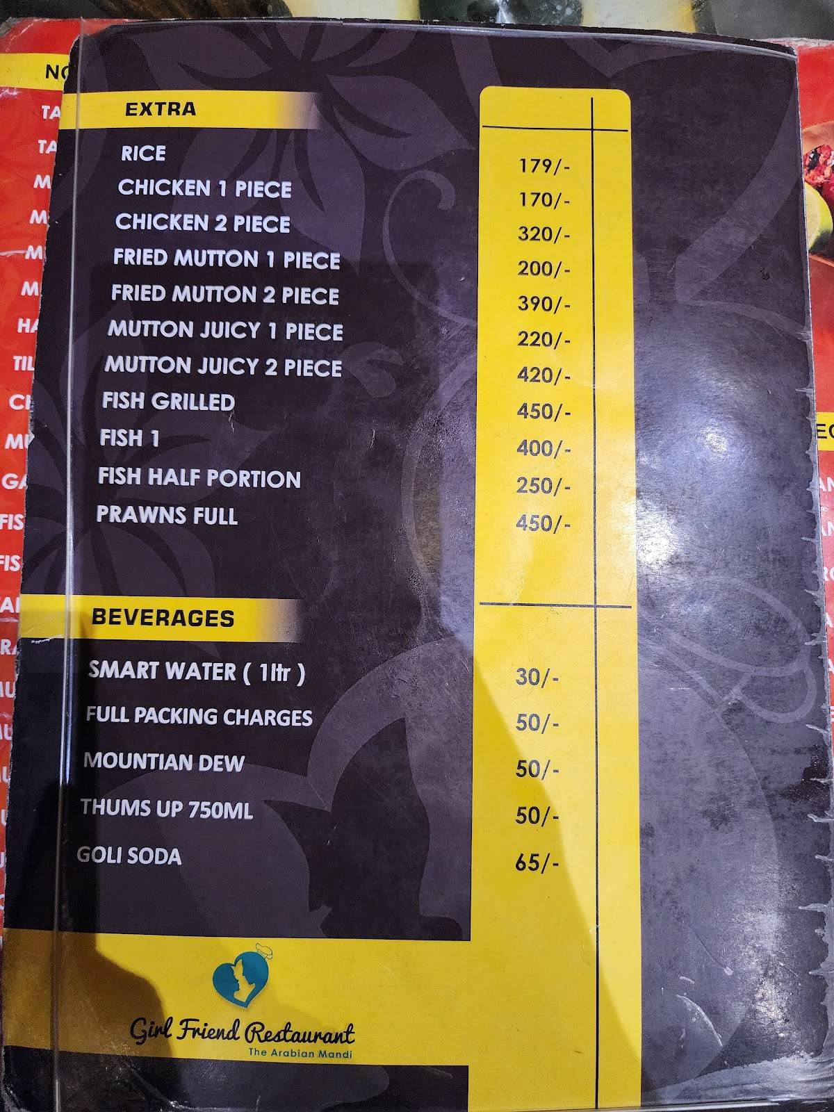 Menu at Girlfriend Mandi, Hyderabad, H no 1