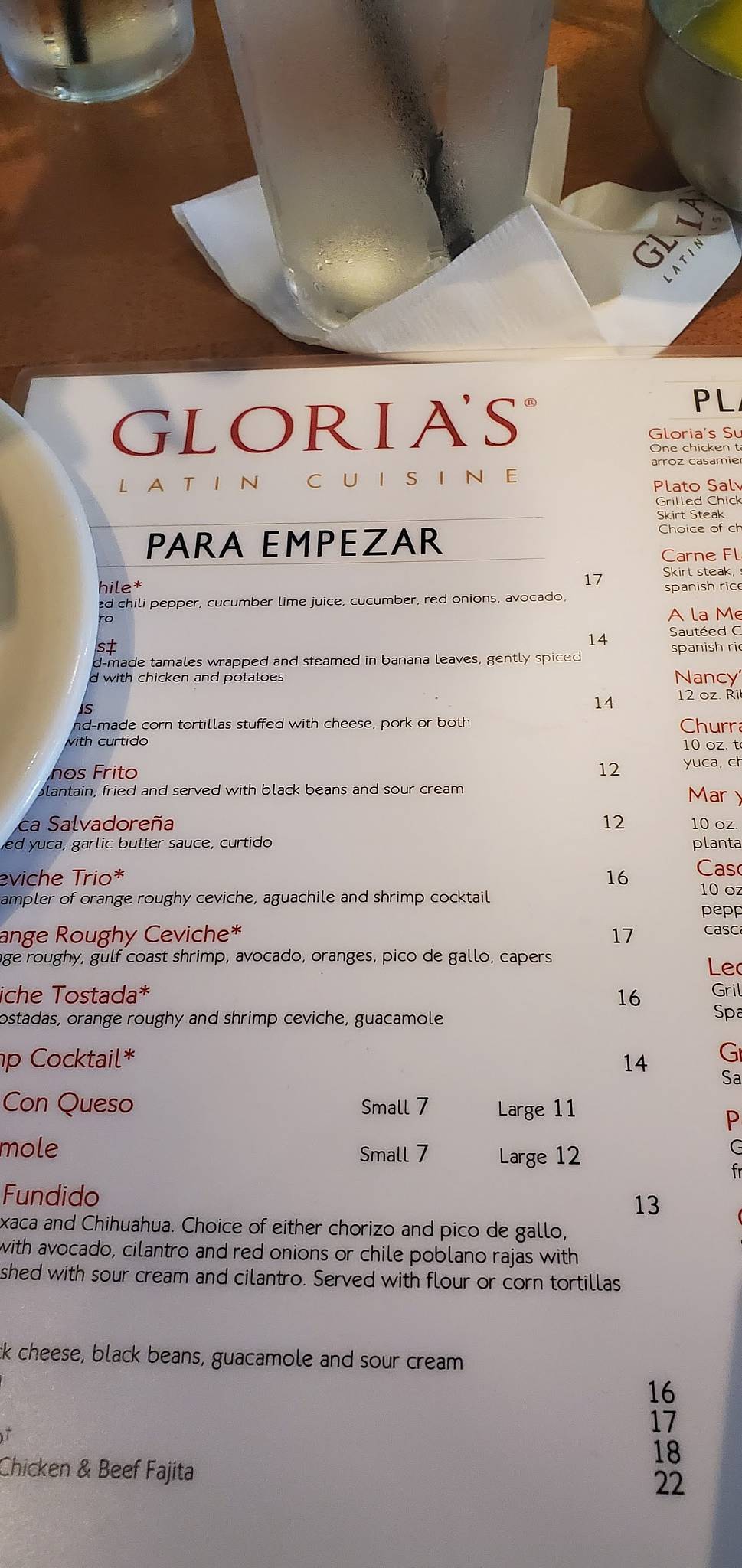 Menu at Gloria's Latin Cuisine restaurant, Southlake