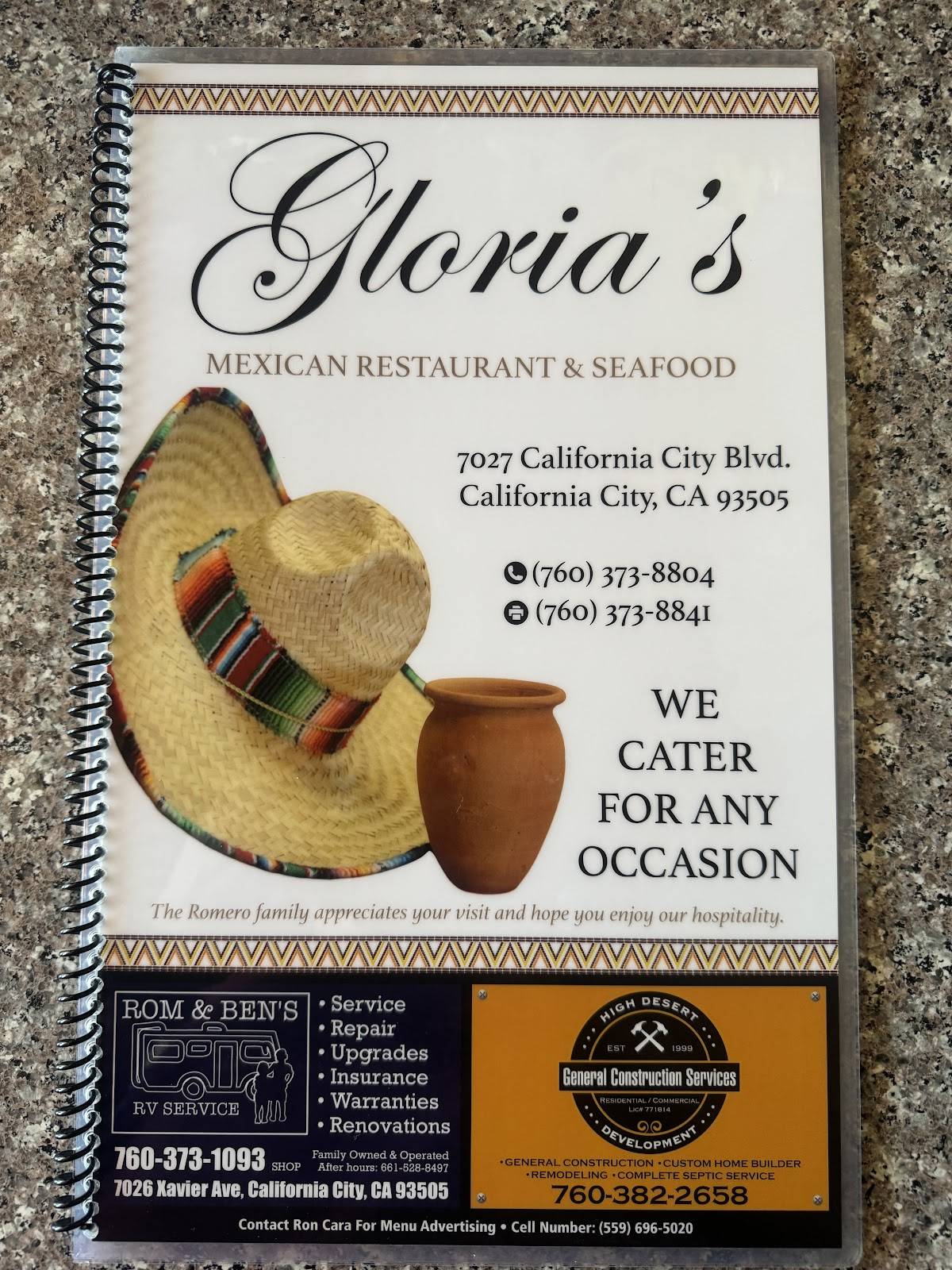 Menu at Gloria's Mexican Restaurant, California City