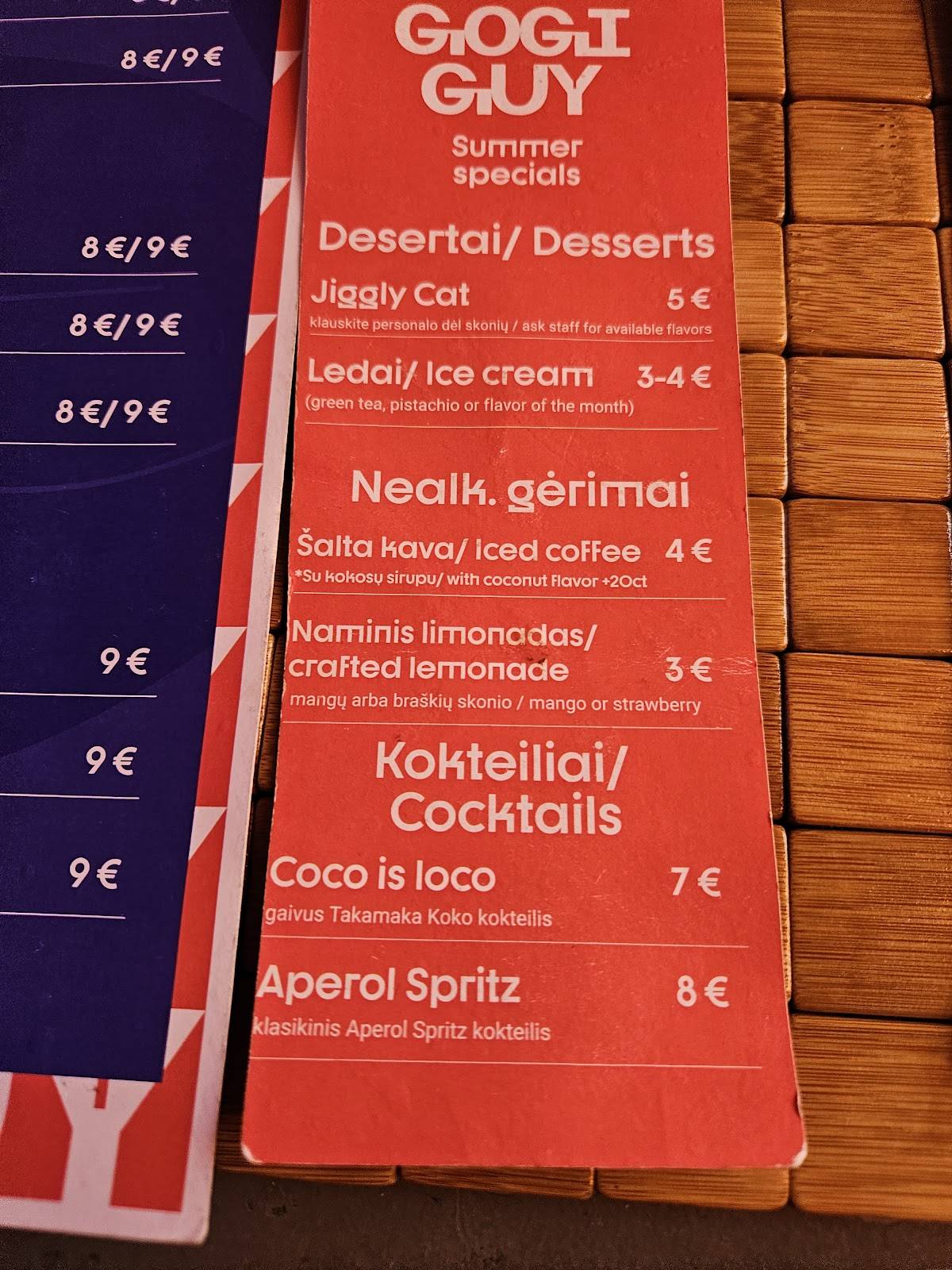 Menu at Gogi Guy restaurant, Vilnius