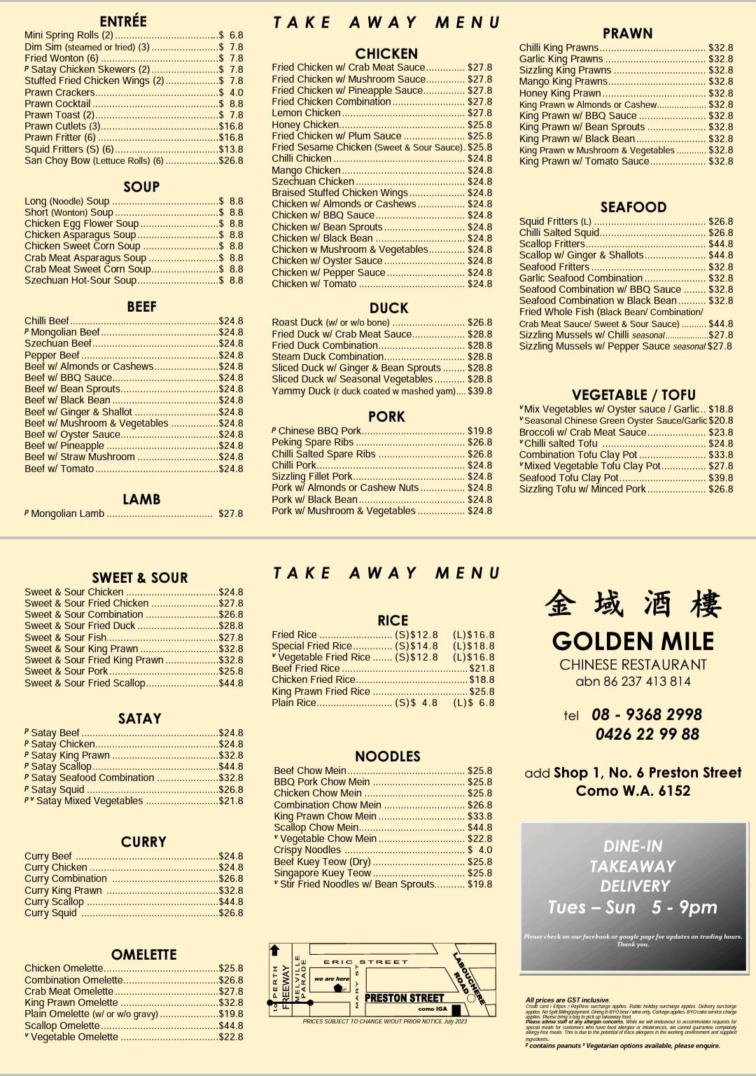 Menu at Golden Mile Chinese Restaurant, Como