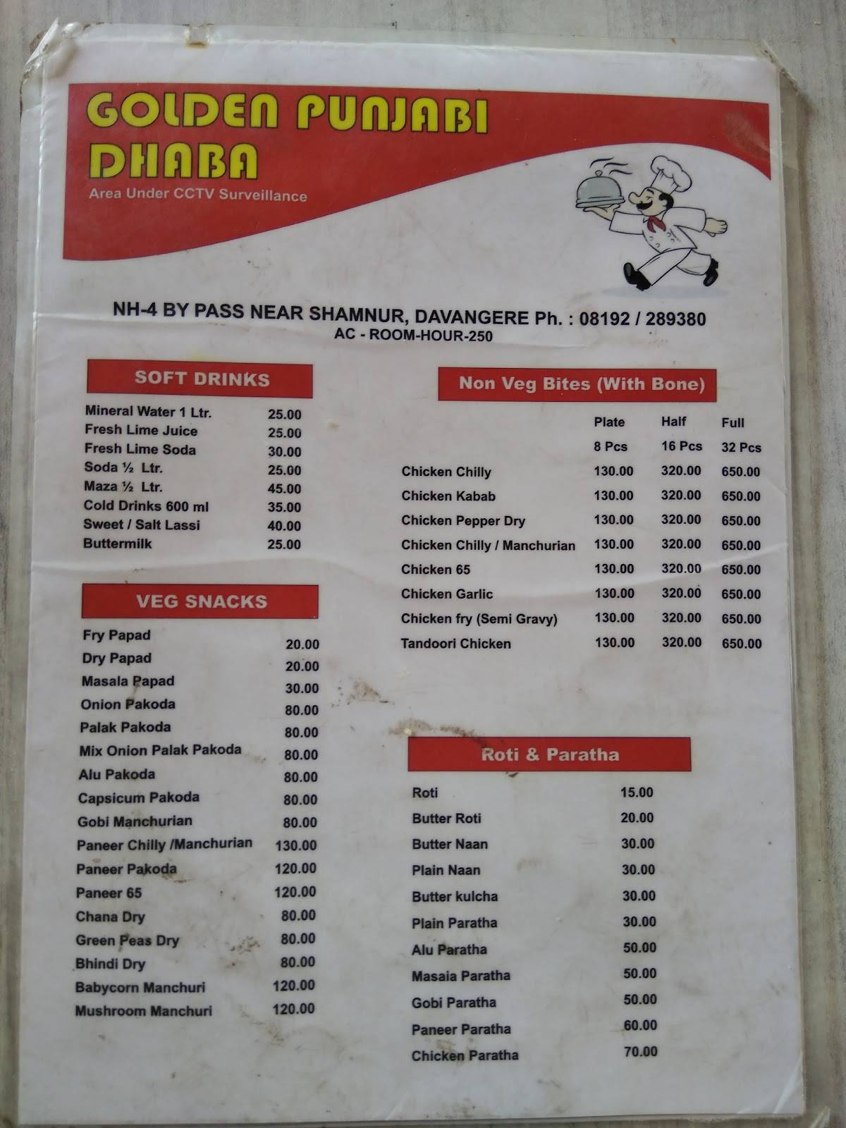 Menu at Golden Punjabi Dhaba, India