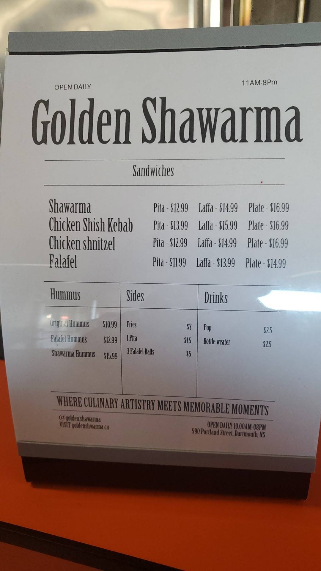 Menu at Golden Shawarma restaurant, Dartmouth
