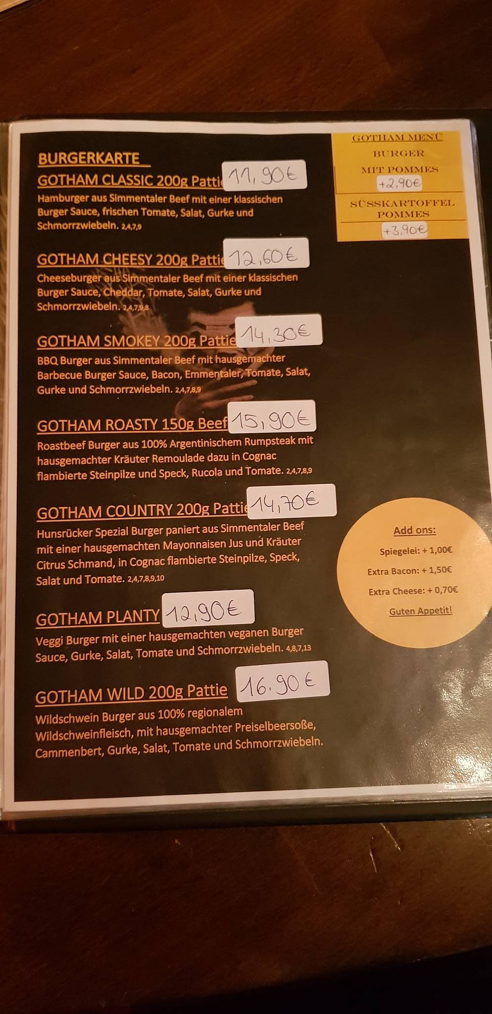 Menu at Gotham City Hawks restaurant, Lautzenhausen